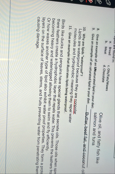 Solved a. ﻿Breadb. ﻿Meatc. ﻿Oils/Fats/Waxesd. ﻿Chocolate8. | Chegg.com