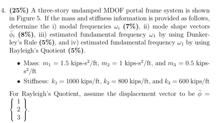 Solved 4. (25%) A three-story undamped MDOF portal frame | Chegg.com