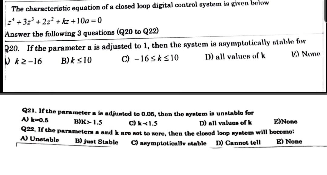 Solved The characteristic equation of a closed loop digital | Chegg.com