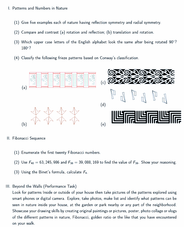 Solved I. Patterns and Numbers in Nature (1) Give five | Chegg.com