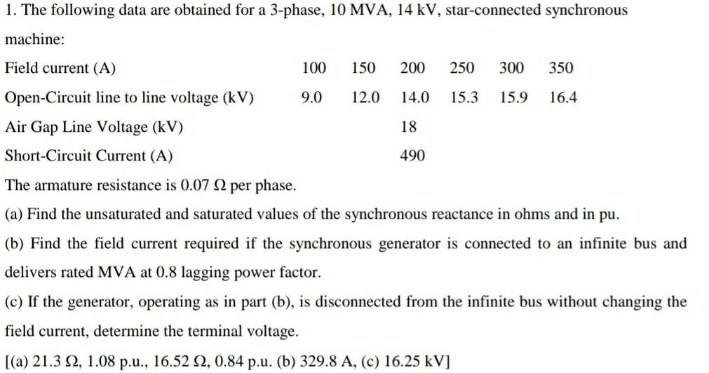 Solved 1. The following data are obtained for a 3-phase, | Chegg.com