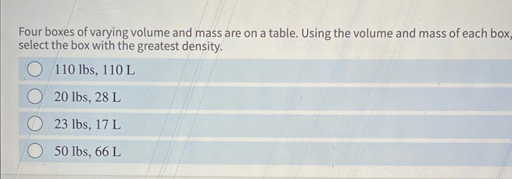 Solved Four boxes of varying volume and mass are on a table. | Chegg.com