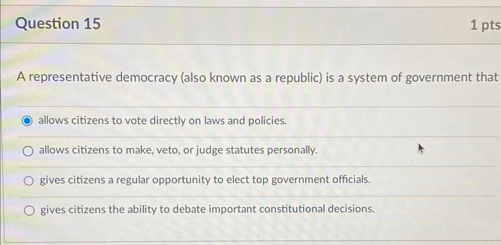 Solved Question 15A representative democracy (also known as | Chegg.com
