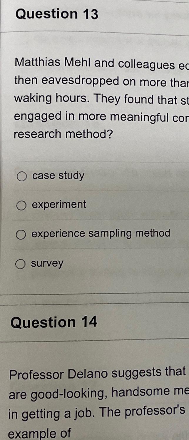 Solved Question 13Matthias Mehl and colleagues ec then | Chegg.com