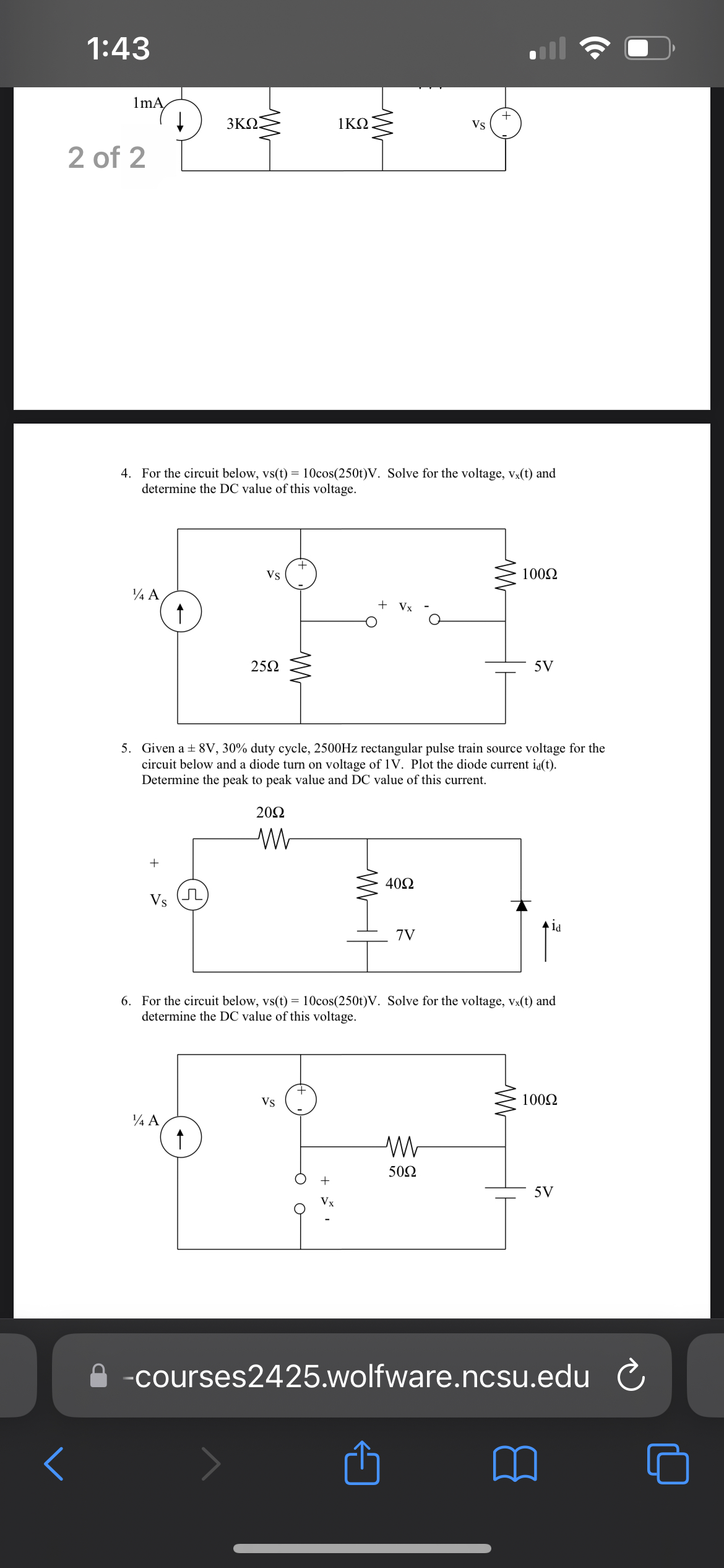 Solved 1:434. ﻿For the circuit below, vs(t)=10cos(250t)V. | Chegg.com