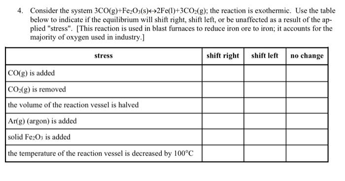 Solved 4. Consider the system 3CO(g)+Fe2O3(s)2Fe(1)+3CO2(g); | Chegg.com