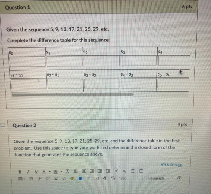 Solved Question 1 6 pts Given the sequence 5, 9, 13, 17, 21, | Chegg.com