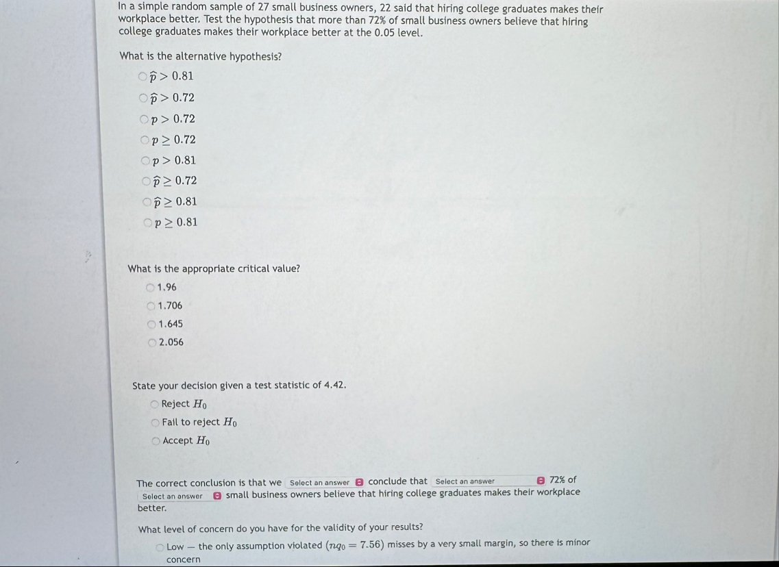 Solved In a simple random sample of 27 ﻿small business | Chegg.com