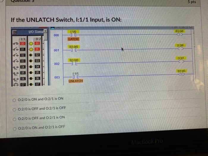 Solved 5 pts If the UNLATCH Switch, 1:1/1 Input, is ON: 1/0 | Chegg.com