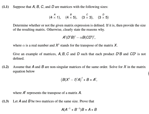 Solved (1.1) ﻿Suppose that A,B,C, ﻿and D ﻿are matrices with | Chegg.com