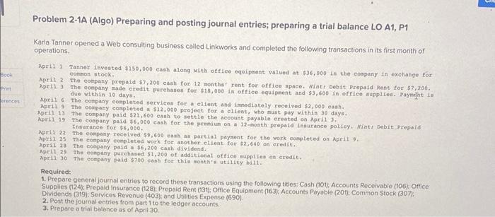 Solved Problem 2-1A (Algo) Preparing and posting journal | Chegg.com