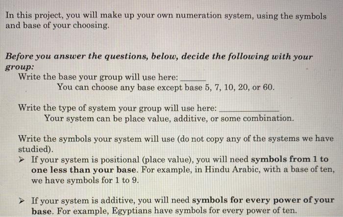In this project, you will make up your own numeration | Chegg.com