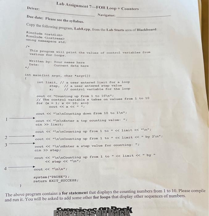 Solved Driver: Lab Assignment 7-FOR Loop + Counters | Chegg.com