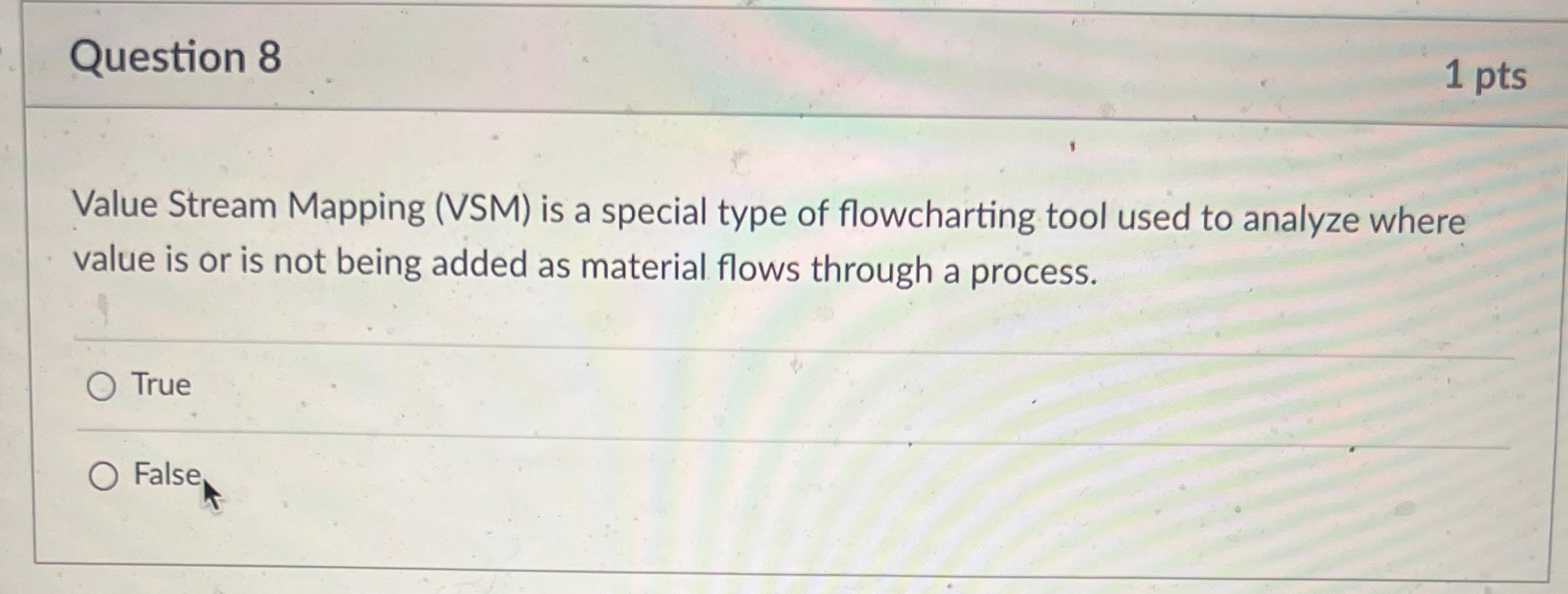 Solved Question 81 ﻿ptsValue Stream Mapping (VSM) ﻿is a | Chegg.com