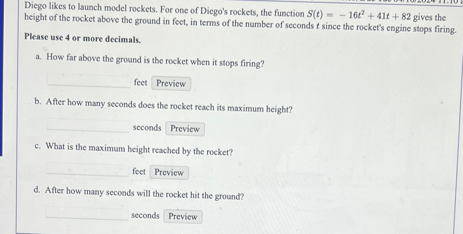 Solved Diego likes to launch model rockets. For one of | Chegg.com