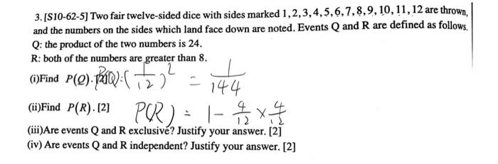 Solved 3. [ S10-62-5] Two fair twelve-sided dice with sides | Chegg.com