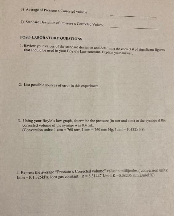 a=6.63053) Average of Pressure x Corrected volume 4) | Chegg.com