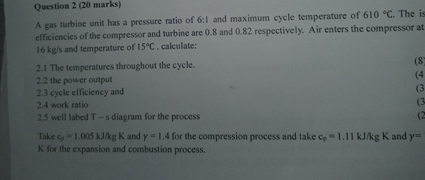 Solved Question 2 (20 ﻿marks)A gas turbine unit has a | Chegg.com