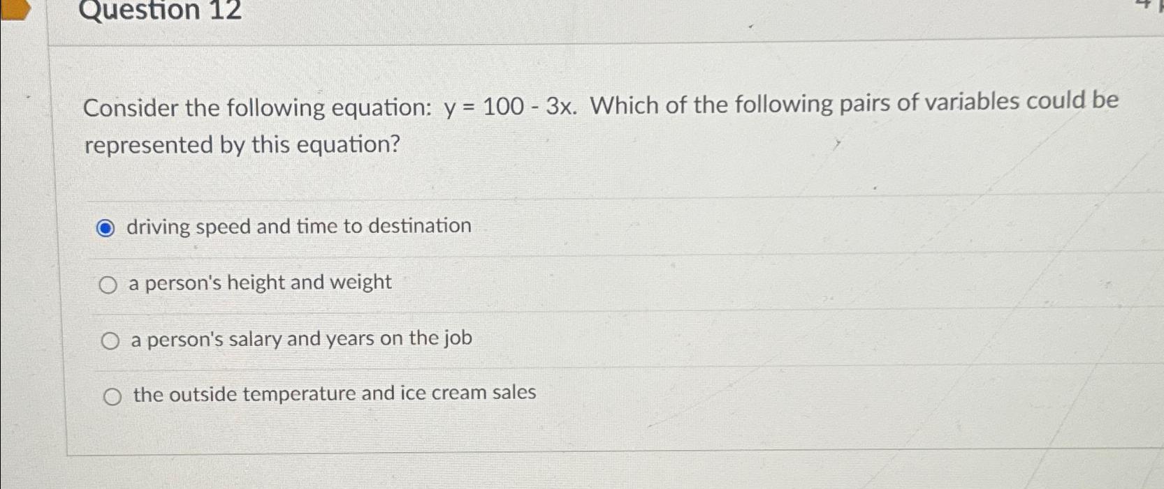 Solved Question 12Consider the following equation: y=100-3x. | Chegg.com