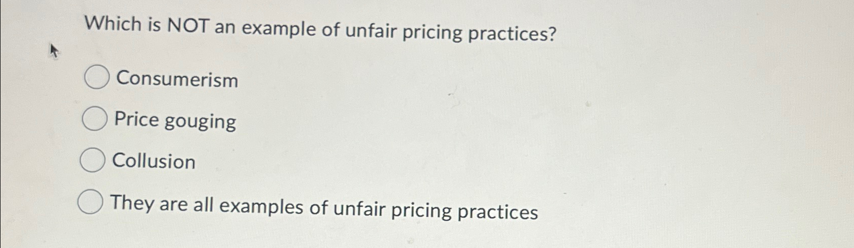 Solved Which is NOT an example of unfair pricing | Chegg.com