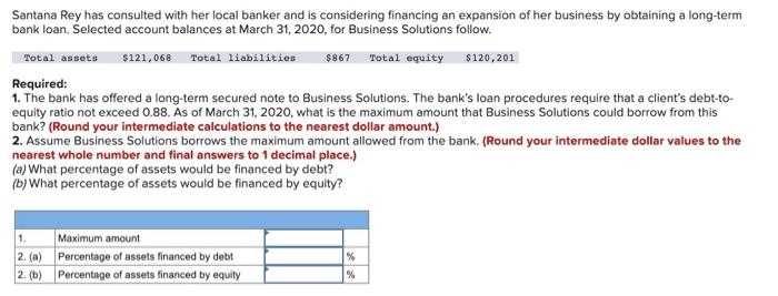Solved Santana Rey has consulted with her local banker and | Chegg.com