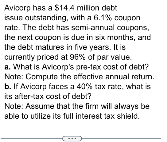 Solved Avicorp has a $14.4 ﻿million debt issue outstanding, | Chegg.com