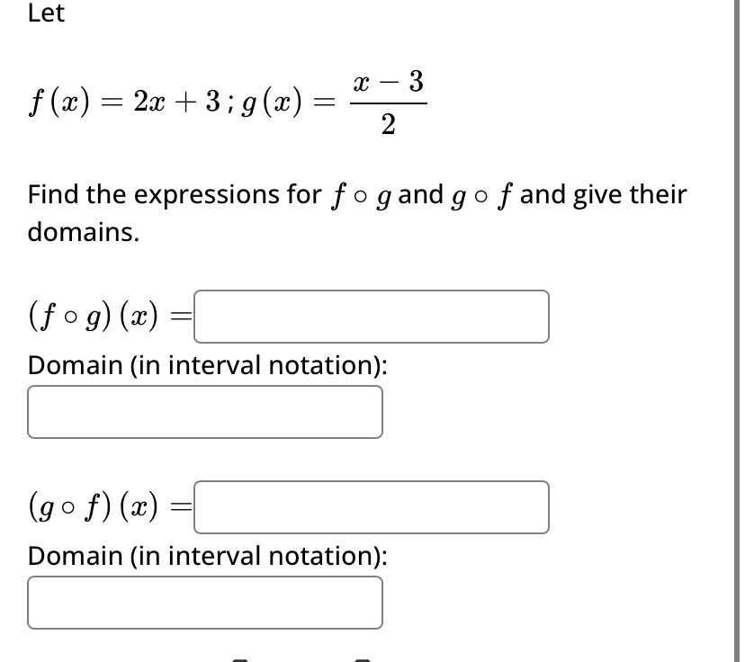 Solved Letf(x)=2x+3;g(x)=x-32Find the expressions for f@g | Chegg.com