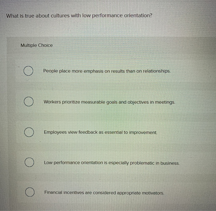 Solved What is true about cultures with low performance | Chegg.com