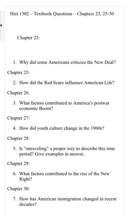 Hist 1302 - Textbook Questions - Chapters 23, 25-30 | Chegg.com