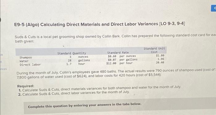 E9-5 (Algo) Calculating Dirèct Materials and Direct | Chegg.com
