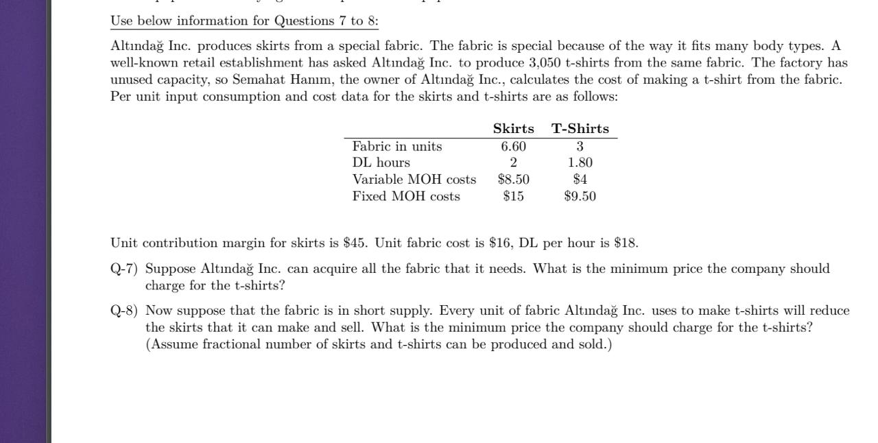Solved Use below information for Questions 7 ﻿to 8 | Chegg.com
