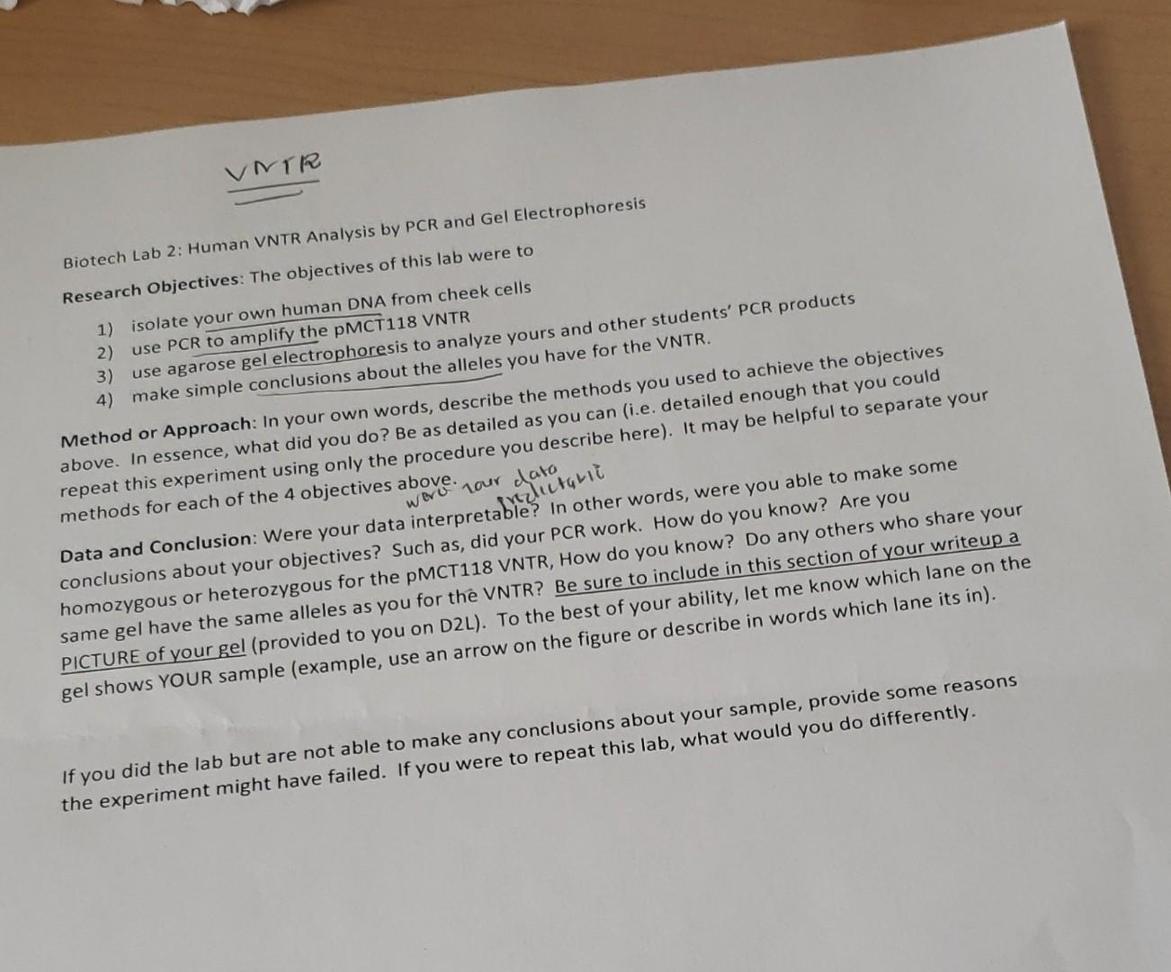 Solved Biotech Lab 2: Human VNTR Analysis by PCR and Gel | Chegg.com