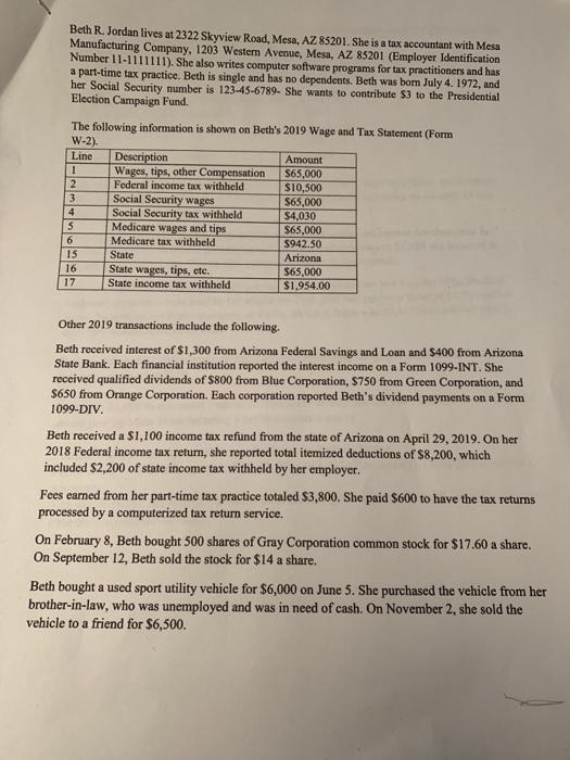 Solved Beth R. Jordan lives at 2322 Skyview Road, Mesa, AZ | Chegg.com