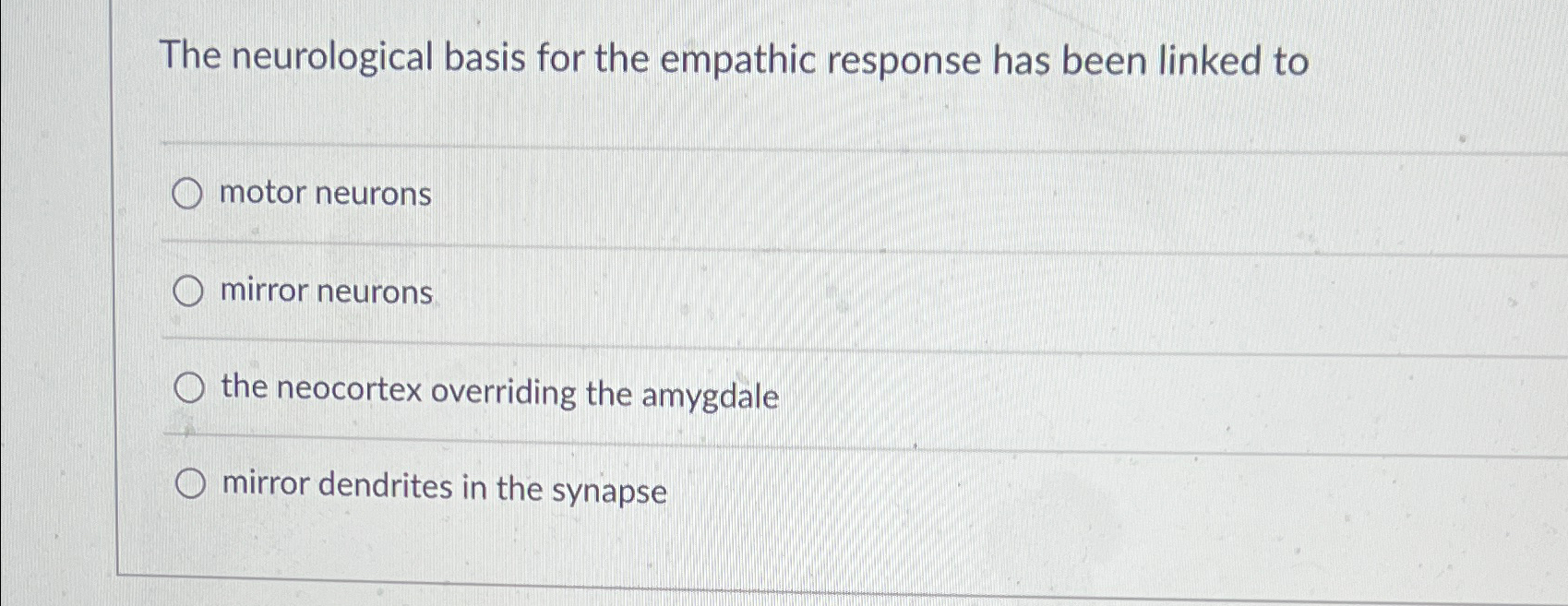Solved The neurological basis for the empathic response has | Chegg.com