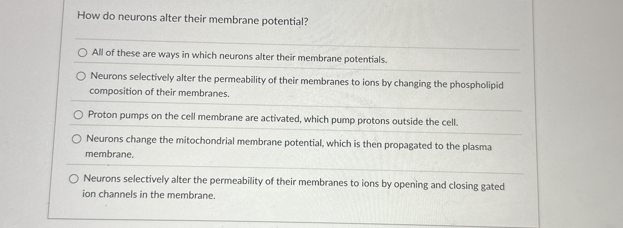 Solved How do neurons alter their membrane potential?All of | Chegg.com