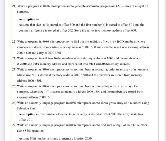 Solved 21) Write a program in 8086 microprocessor to | Chegg.com