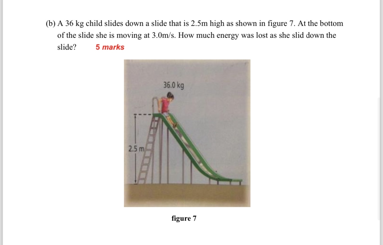 Solved (b) ﻿A 36kg ﻿child slides down a slide that is 2.5m | Chegg.com