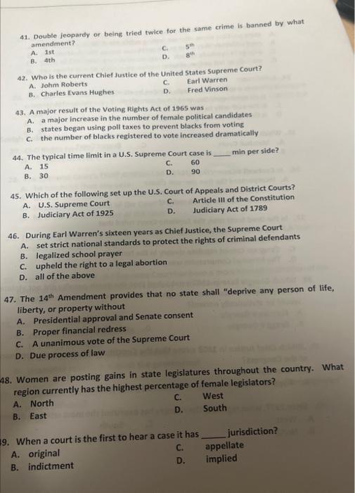 41. Double jeopardy or being tried twice for the same | Chegg.com