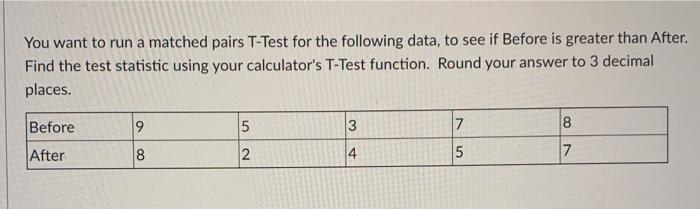 Solved You want to run a matched pairs T-Test for the | Chegg.com