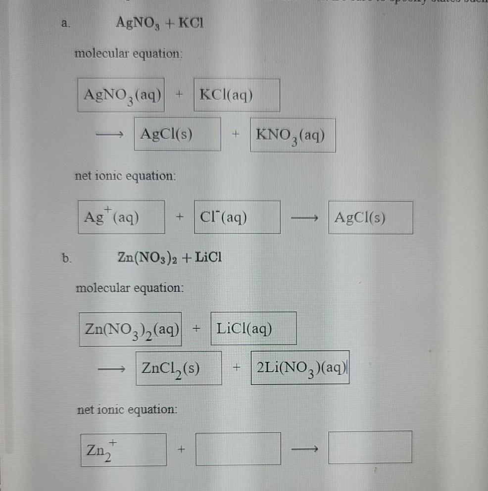 Solved a. AgNO, +KCI molecular equation: AgNO3(aq) + KCl(aq) | Chegg.com