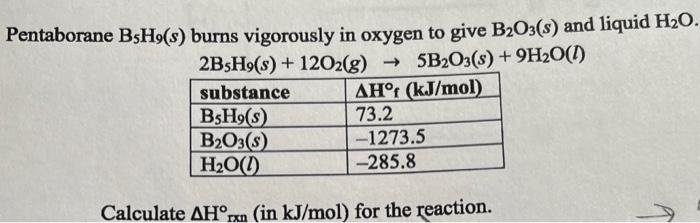 Solved Pentaborane B5H9(s) burns vigorously in oxygen to | Chegg.com