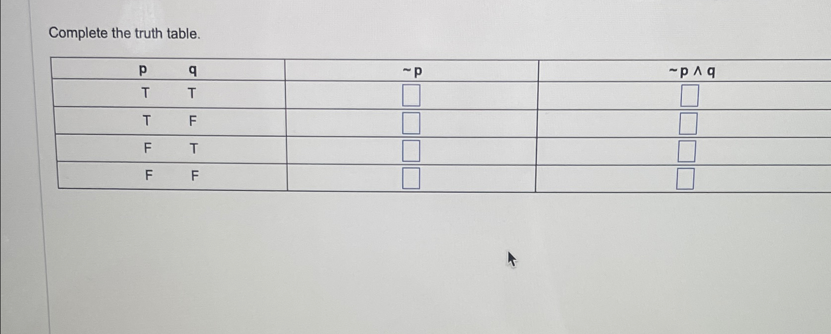Solved Complete the truth table.\table[[p,q,∼p,∼p??q | Chegg.com