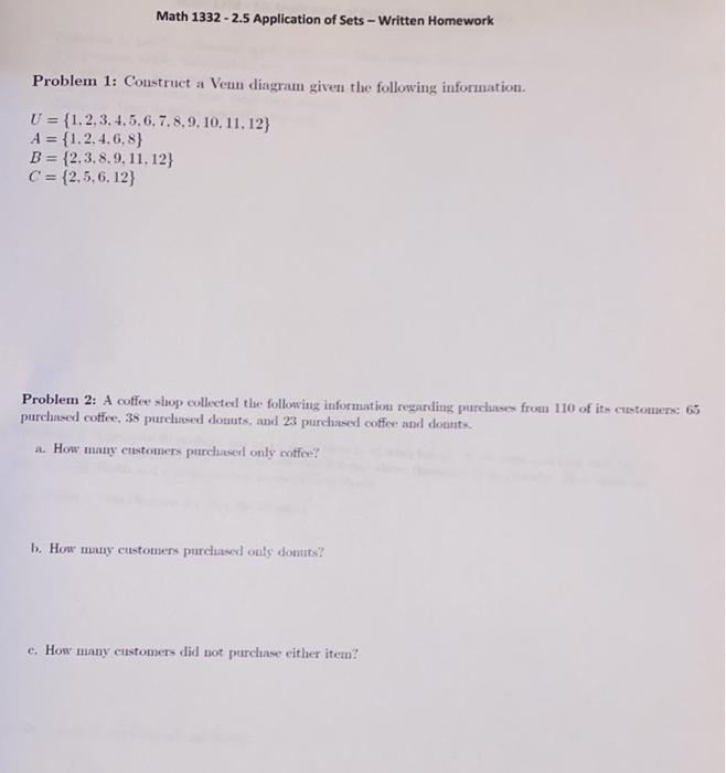 Solved Math 1332 - 2.5 Application of Sets - Written | Chegg.com