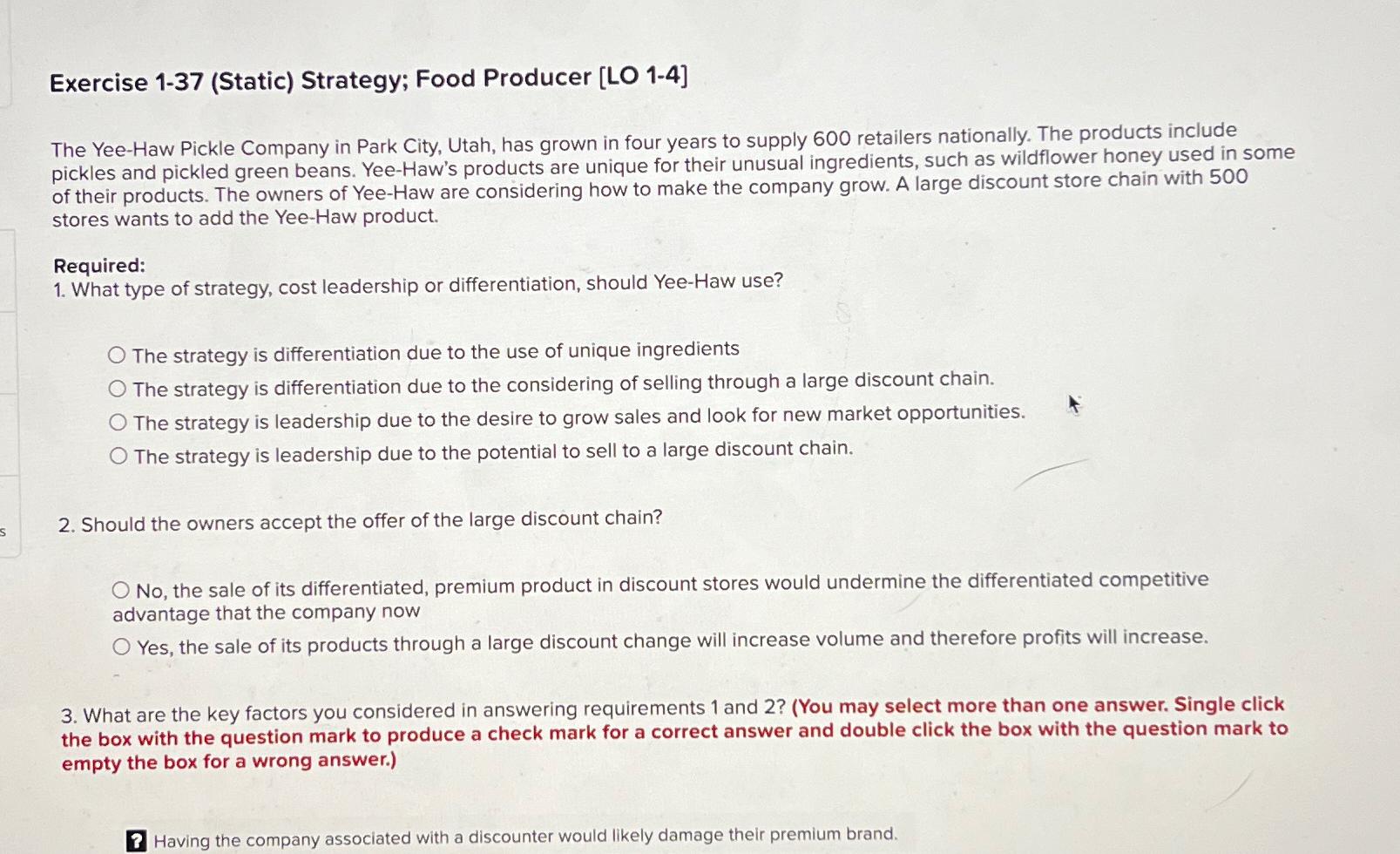 Solved Exercise 1-37 (Static) ﻿Strategy; Food Producer [LO | Chegg.com