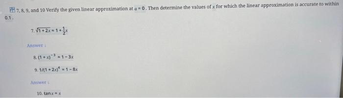 Solved Verify the given linear approximation at a = 0. Then | Chegg.com
