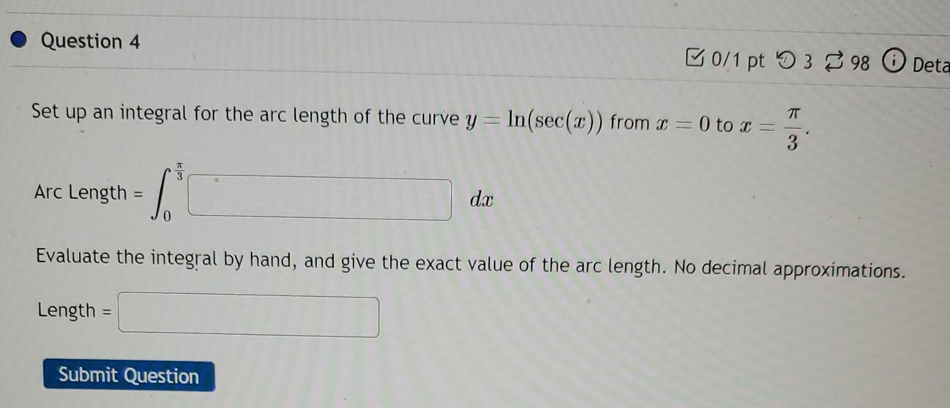 Solved Set up an integral for the arc length of the curve | Chegg.com