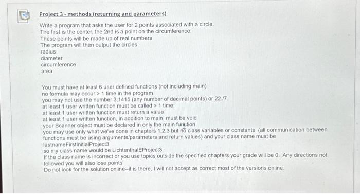 Solved Project 3 -methods (returning and parameters) Write a | Chegg.com