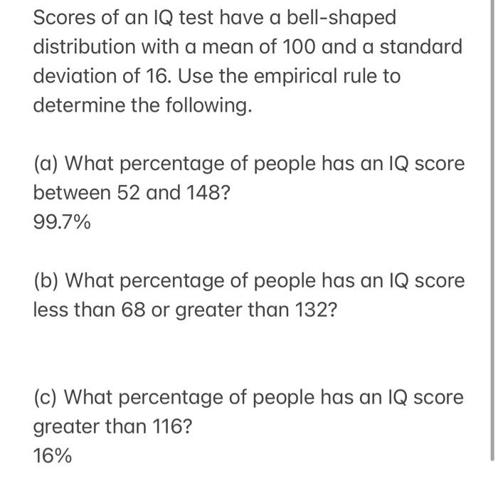 Solved Scores of an IQ test have a bell-shaped distribution | Chegg.com