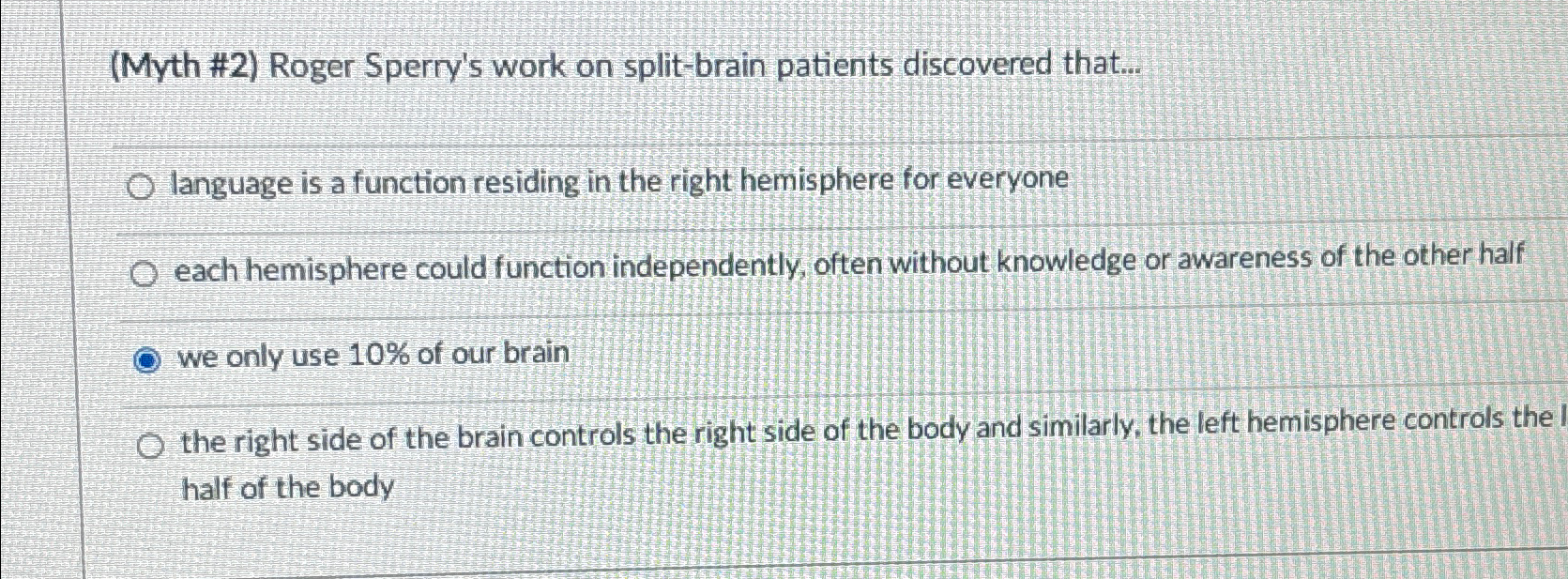 Solved (Myth #2) ﻿Roger Sperry's work on split-brain | Chegg.com