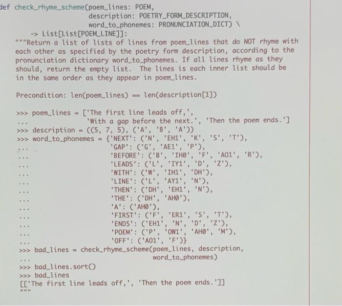 Solved 111 Hef check.rhyme_scheme(poem_lines: POEM, | Chegg.com